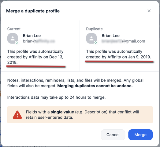 Identifying how contacts are created in Affinity