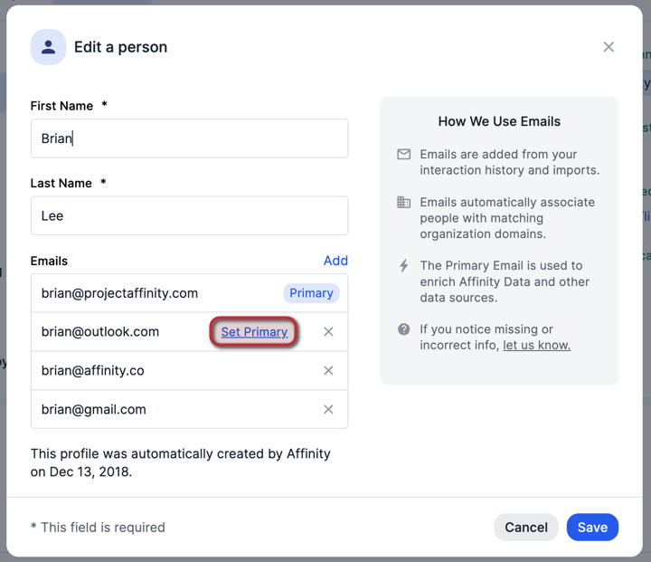 How to update a contact's primary email address in Affinity