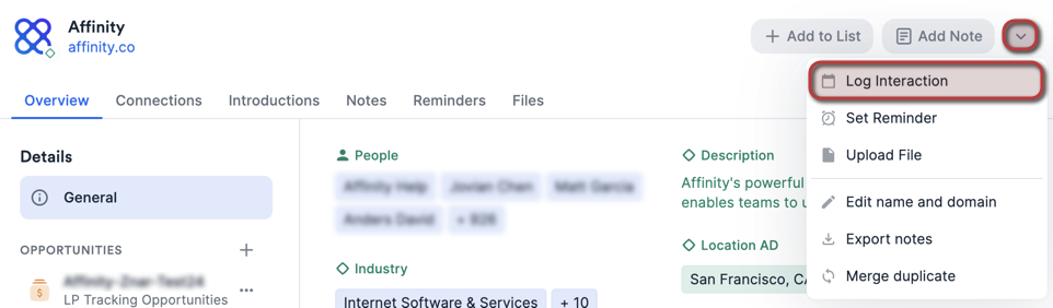How to log interactions into Affinity