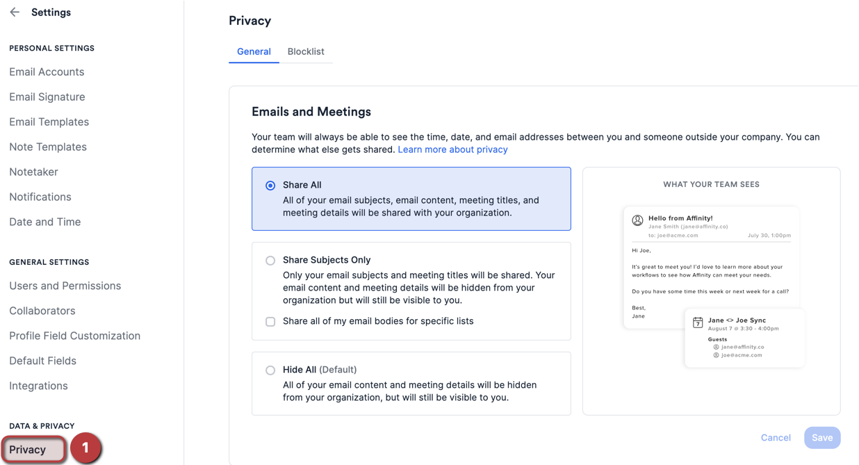 Setting up your privacy preferences in Affinity