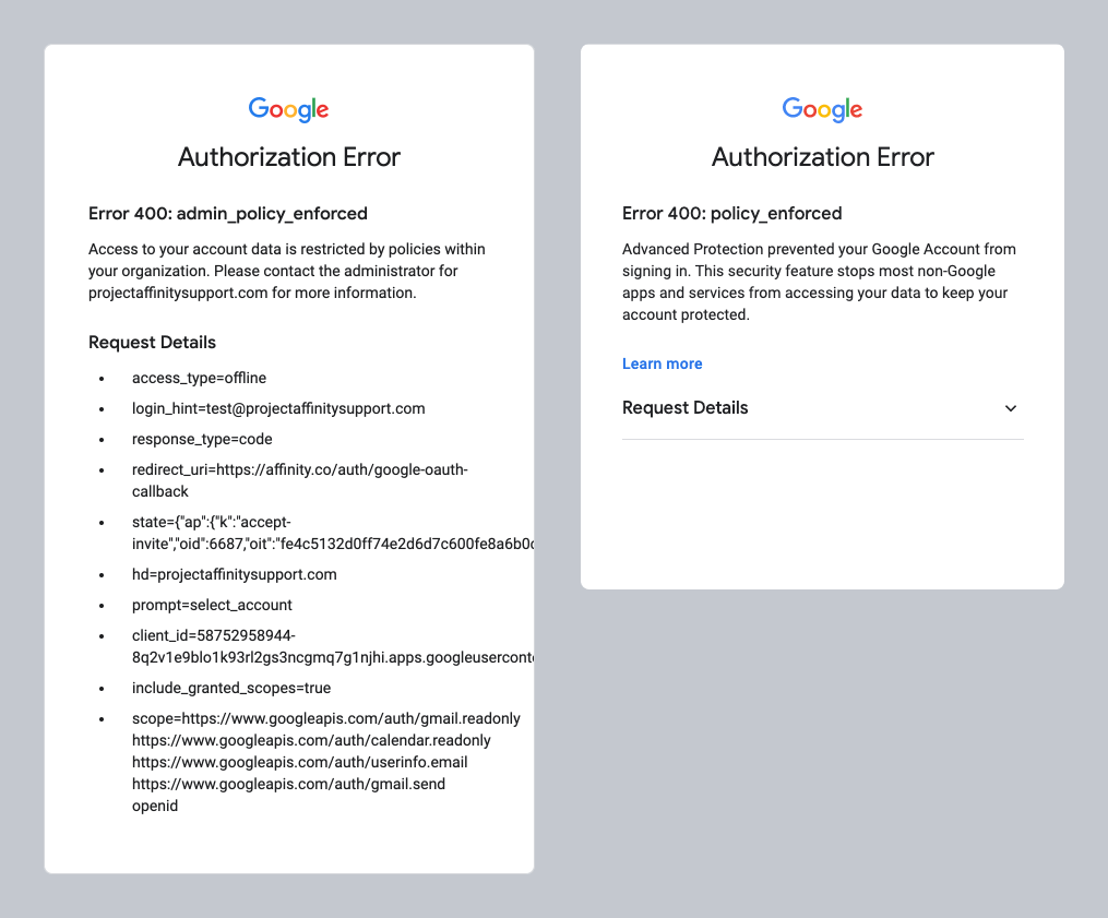 Google Error 400: Admin Policy Enforced